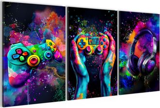 Runa Art Bilder Spielkonsole Gamer 3 Teilig Bild auf Vlies Leinwand Deko Jugendzimmer Teenager Graffiti Streetart Bunt 055536a