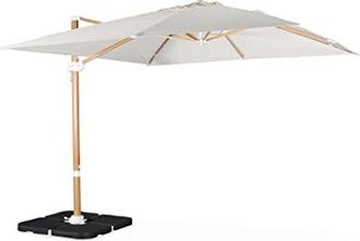 Sweeek Parasol d&eacute;port&eacute; carr&eacute; ecru 3x3m structure effet bois + Lot de 4 dalles &agrave; lester 50x50cm