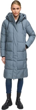 Marikoo Damen Wintermantel (XS-6XL) gesteppt, lange Form, abnehmbare Kapuze, Magnettaschen - N057 - StormyBlue Gr.L - Gr.L