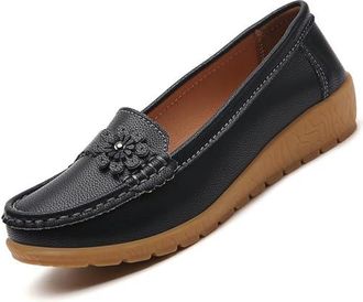 Generic Chaussures en cuir confortables &agrave; semelle souple pour femme, mocassins de conduite d&eacute;contract&eacute;s, chaussures bateau plates &agrave; enfiler, Noir, 39.5 EU