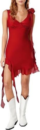 Generic Mini robe moulante sexy sans manches avec col en V et fente lat&eacute;rale en maille irr&eacute;guli&egrave;re ourlet &agrave; volants dos nu robe d&eacute;t&eacute; boh&egrave;me pour la plage, les