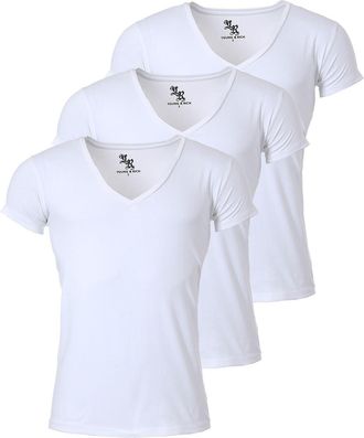 Young & Rich Herren Uni T-Shirt mit extra tiefem V-Ausschnitt Slimfit Stretch Dehnbare Passform einfarbiges Basic Shirt - 3er Pack, Gr&ouml;sse:3XL, Farbe:Wei&szlig;