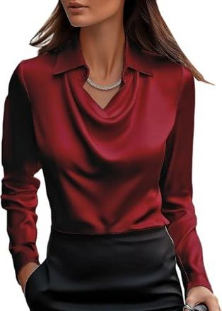 Generic Chemise en Satin &agrave; Manches Longues pour Femme - Chemisier en Soie Chic et Elegant - Col en V - Style D&eacute;contract&eacute; pour Le Travail et Le Bureau Vetement