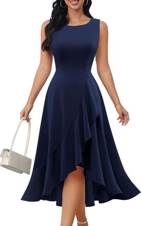 Dresstells Cocktaikleid Damen Hochzeitsgast Festliche Etuikleid Elegant Vintage Curvy Partykleid Dunkelblau Hoch-Tief Abendkleid Kurz Sommer Schickes Swing Kleid