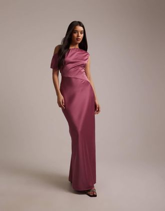 Six Stories Brautjungfern-Maxikleid mit schulterfreiem asymmetrischem Schnitt in Dunkelrosa-Lila