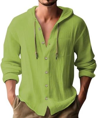 Generic Chemise &agrave; capuche en lin m&eacute;lang&eacute; &agrave; manches longues pour homme, chemise d&eacute;contract&eacute;e l&eacute;g&egrave;re avec cordon de serrage, coupe d&eacute;contract&eacute;e, surdimensionn&eacute;e