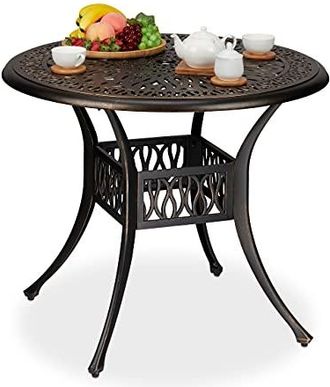Relaxdays Gartentisch mit Schirmloch, antike Optik, Aluminiumguss, H x D: 75 x 90 cm, runder Balkontisch, schwarz/Bronze