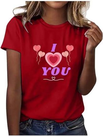 Generic 2026 T-shirt rond d&eacute;contract&eacute; pour femme avec lettres et coeurs imprim&eacute;s Saint-Valentin, Rouge, XL