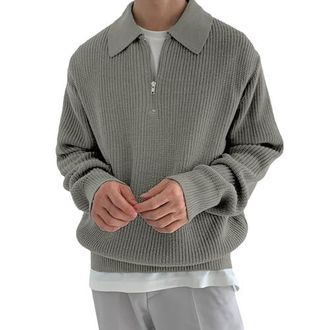 Generic Pull chaud à col montant pour homme avec fermeture éclair 1/4, gris, XL