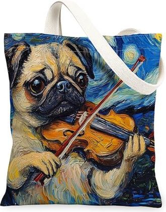 Generic Sac fourre-tout en toile pour faire du shopping avec motif carlin 33 x 38,1 cm, motif violon nocturne &eacute;toil&eacute;, sac d&eacute;picerie r&eacute;utilisable pour femme, a