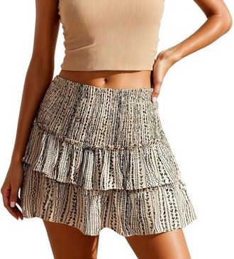 Generic Robes boh&egrave;me 2026 pour femmes, jupe &agrave; imprim&eacute; l&eacute;opard, volants superpos&eacute;s, mini jupes &agrave; motif animal, kaki, M