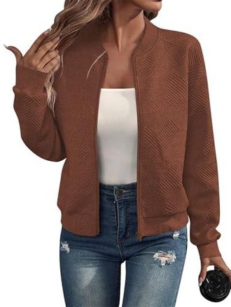 Generic Vestes bomber l&eacute;g&egrave;res &agrave; fermeture &eacute;clair pour femme, manteaux jacquard mignons, v&ecirc;tements dext&eacute;rieur textur&eacute;s tendance dautomne, caramel, 4XL