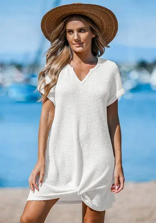 Cupshe Strandkleid Waffelkleid mit V-Ausschnitt Twist Saum Kurzarm Mini