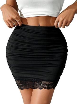 SOLY HUX Jupe moulante pour femme - Courte - Jupe crayon avec dentelle - Tenue de festival - Mini jupe moulante &eacute;l&eacute;gante - Pour le bureau, les loisirs, les f&ecirc;t