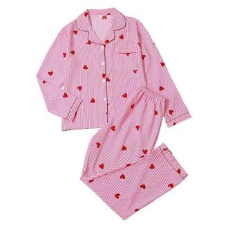 Generic Ensemble Pyjama ray&eacute; pour Femme avec Motif Coeur-Pyjama &agrave; Manches Longues avec Chemise et Pantalon V&ecirc;tement de Nuit &eacute;l&eacute;gant Jour de la Saint-Valentin 