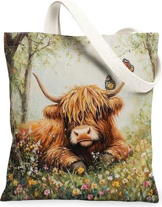 Generic Sac fourre-tout en toile motif vaches Highland printani&egrave;res 33 x 38,1 cm, sac d&eacute;picerie r&eacute;utilisable pour femme, motif animal de voyage, d&eacute;coration ca