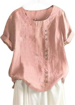 Generic Chemise d&eacute;contract&eacute;e en lin &agrave; manches courtes et col rond pour femme - Pull d&eacute;t&eacute; r&eacute;tro &agrave; manches roul&eacute;es - Haut &agrave; col rond, Rose-a, 4XL