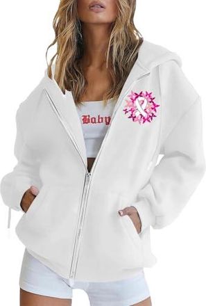 Generic Vestes &agrave; capuche pour femmes 2026 &agrave; fermeture &eacute;clair surdimensionn&eacute;es automne hiver mode manches longues d&eacute;contract&eacute; l&eacute;ger veste &agrave; capuche, blanc, XXL