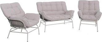 Hhg Lounge-Set HHG-736, Gartengarnitur Sofa Sitzgruppe, Stoff 220g/m&sup2; Poly-Rattan Metall hellgrau, Polster beige