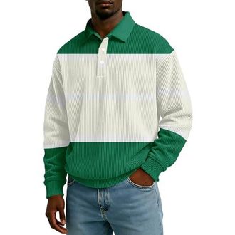 Generic Polo à manches longues pour homme Motif rayures Décontracté Col boutonné T-shirt de golf Pull de travail, 2-vert, XXL