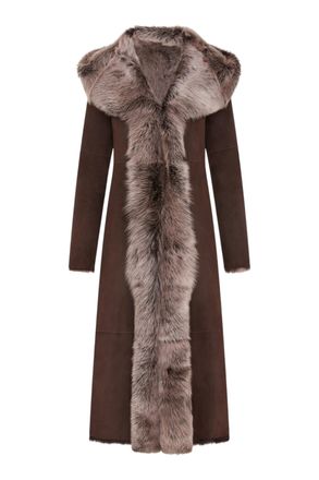 Infinity Leather Trenchcoat aus Wildleder in Braun und Silber mit Kapuze aus Toscana-Schaffell - Rushden