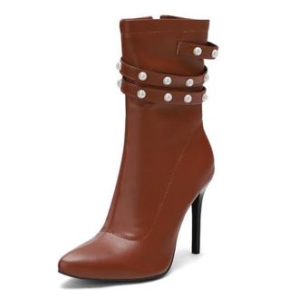 Generic Bottines habill&eacute;es &agrave; bout pointu pour femme avec fermeture &eacute;clair et talons aiguilles et perles &eacute;l&eacute;gantes pour f&ecirc;te, mariage, marron, 37.5 EU