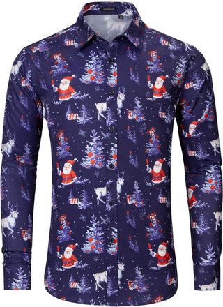 Hisdern Weihnachtshemd Herren Langarm Lustige Weihnachtsmann Hemden Funky Freizeit Button Down Weihnachtshemd Männer Lila M