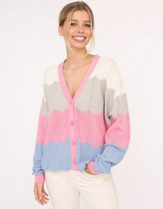 Zwillingsherz Strickjacke Block Wellen Langarm, V-Ausschnitt, Knöpfe, Baumwolle, Wellenkante