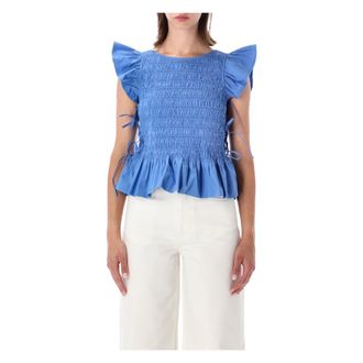 Ganni Smocked Cotton Top Marina - - Blouses & Shirts - Damen - Blau - S
