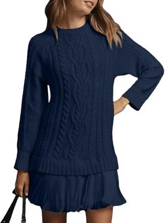 Generic Robe pull en laine tricot&eacute;e torsad&eacute;e pour femme - Mini mousseline de soie - Ourlet &agrave; volants - Manches longues - Col rond - Pour lhiver - Chaud - Pour