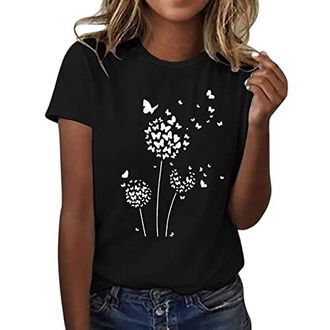 Generic T-shirt &agrave; manches courtes pour femme avec col rond Motif pissenlit pour femme, Noir, XXL