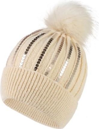 Generic M&uuml;Tze Bonnet dhiver pour femme avec pompon en fourrure synth&eacute;tique et bandes &agrave; paillettes pour femme et adolescente, Beige (01)., taille unique