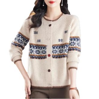 Generic Pull tricoté rayé à manches longues et col rond pour femme, beige, XXL