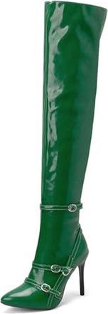 Generic Vert,43 EU,Bottes Cuissardes en Cuir Verni PU pour Femmes, Bout Pointu, Fermeture éclair latérale, Tendance, Confortables, Sexy, Talon Aiguille, Cuiss