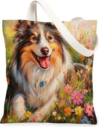 Generic Sac fourre-tout en toile motif chien de Collie printanier 33 x 38,1 cm, motif fleurs color&eacute;es, sac d&eacute;picerie r&eacute;utilisable pour femme, animal de compag