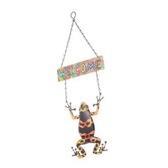 Garneck Türschild mit Bunter Froschform Willkommenes Gartendekor mit Aufhängekette Wetterfestes Türhänger Ornament für Haustür Wand Veranda Eisenkunstwerk