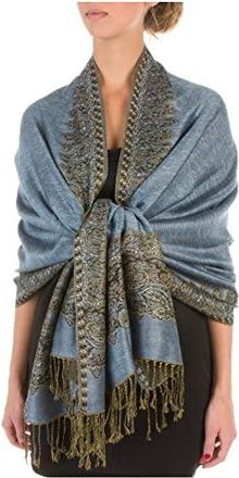 Sakkas 178cm x 71cm Dessins bordures Double épaisseur Type Tissé Pashmina Châle/Echarpe/Etole - Bleu acier