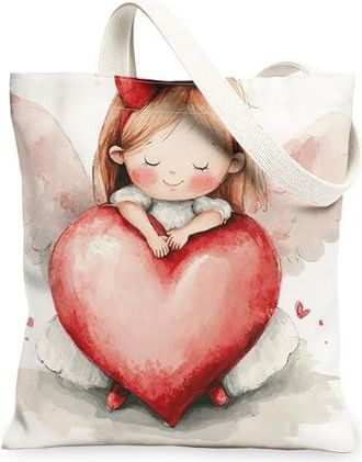 Generic Sac fourre-tout en toile avec motif ange de dessin anim&eacute; pour la Saint-Valentin, 33 x 38 cm, amusant et romantique en forme de coeur, sac d&eacute;picerie r&eacute;