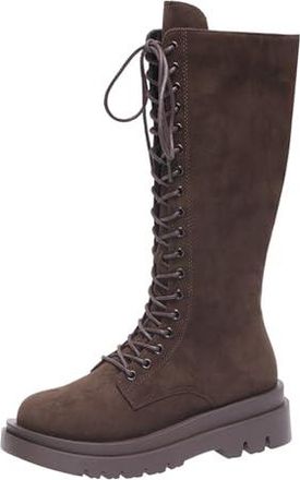 Generic Bottes Montantes Femme &agrave; Lacets Daim Bout Rond Semelle Plateforme Antid&eacute;rapante Avec Fermeture &Eacute;clair Lat&eacute;rale Style Britannique Chic et Elegant Botte