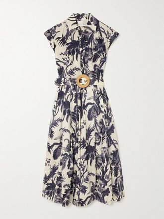 Cara Cara Octavia Midi-hemdblusenkleid Aus Baumwollpopeline Mit Blumenprint, Falten Und G&uuml;rtel - Blau