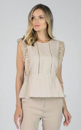 Passioni Blusentop aus Leinenmischstoff mit Spitzendetails und Schn&uuml;re