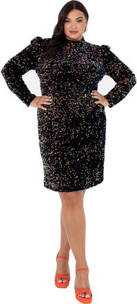 Lovedrobe Plus Size Mini Dress for Women Ladies with Long Sleeve Sequin High Neckline Velvet Back Keyhole Shimmery Short Black Size 26