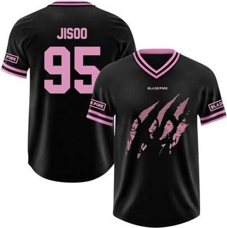 Generic Maillot de Baseball imprimé Noir et Rose Kpop Lisa Jennie Jisoo Rose, t-Shirt de Baseball Hip-hop à col en V pour Les Fans de Musique 01-1 3XL