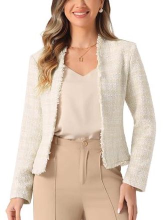 Allegra K Blazer en Tweed Femme &agrave; Carreaux Manches Longues Ouvert sur Le Devant Veste de Travail et de Bureau Beige M