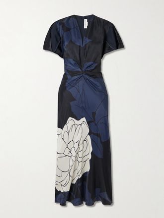 Victoria Beckham Eve Mehrlagiges Midikleid Aus Satin Mit Blumenprints Und Raffungen - Blau
