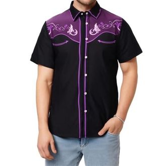Generic Chemise &agrave; manches courtes pour homme, coupe r&eacute;guli&egrave;re, chemise boutonn&eacute;e et bouton-pression vintage, chemise formelle imprim&eacute;e confortable, haut d&eacute;t&eacute; 