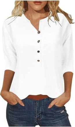 Generic Chemise unie à manches courtes pour femme, haut décontracté à col en V, couleur unie, manches trois-quarts pour la vie quotidienne, cadeaux de Noël, b