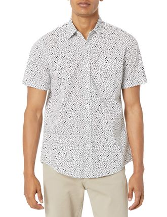 Amazon Essentials Herren Schmal Geschnittenes Bedrucktes Hemd Mit Kurzen Ärmeln Und Knopfleiste, Marineblau Weiß Geometrisches Muster, XXL