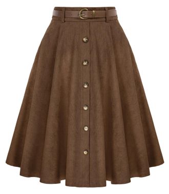 Belle Poque Damen Cord R&ouml;cke Hohe Taille A-Linie Swing Rock mit G&uuml;rtel&Taschen Dunkelbraun 2XL