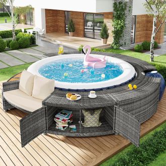 STILVORA Salon de Jardin avec Canap&eacute; Rond et Rangements, pour Spa et Piscine, avec Coussins, Rotin PE et Fer, Gris